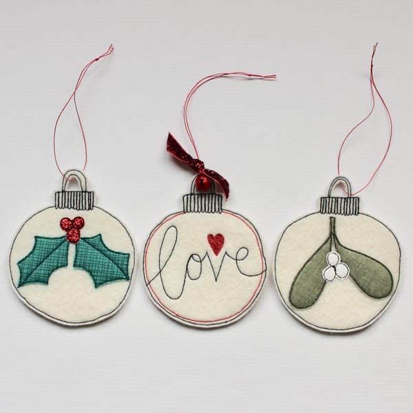Three Wool Felt Christmas Baubles - Hanging Dec... - Folksy