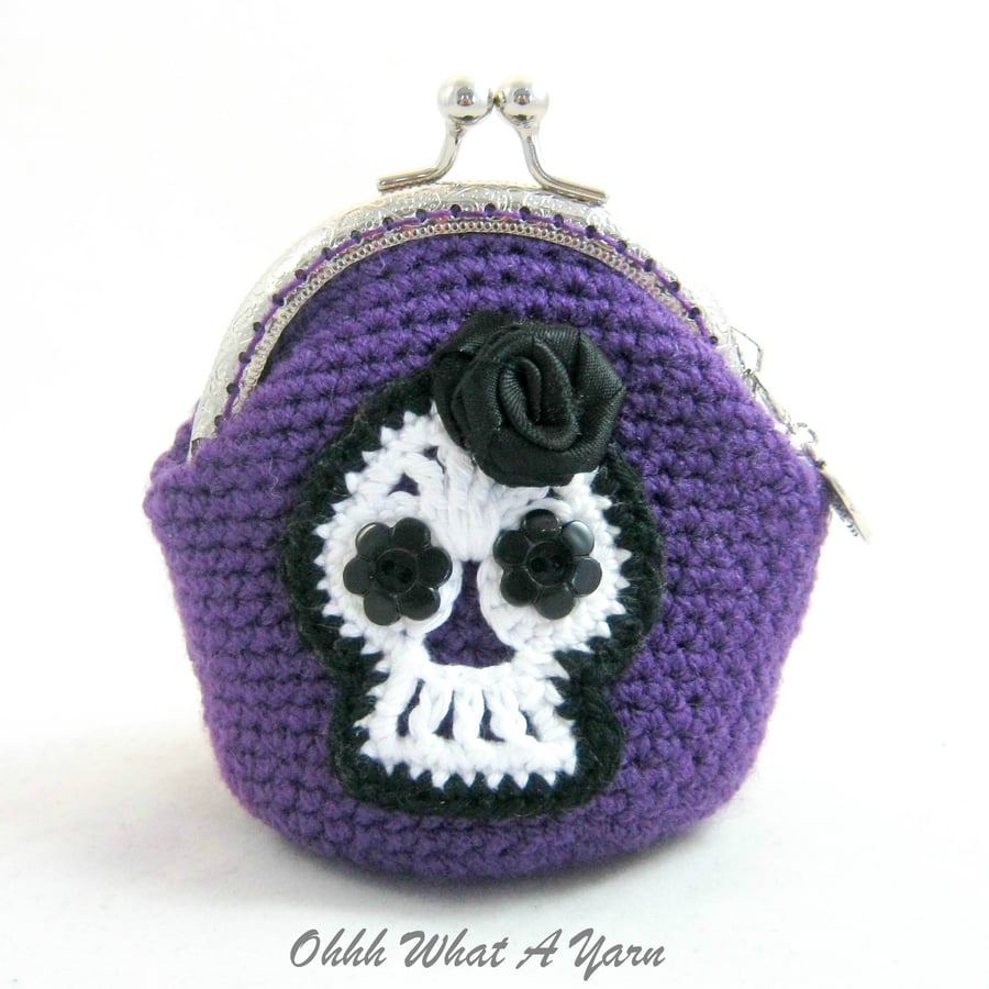 Purple and black crochet sugar skull coin purse - Folksy