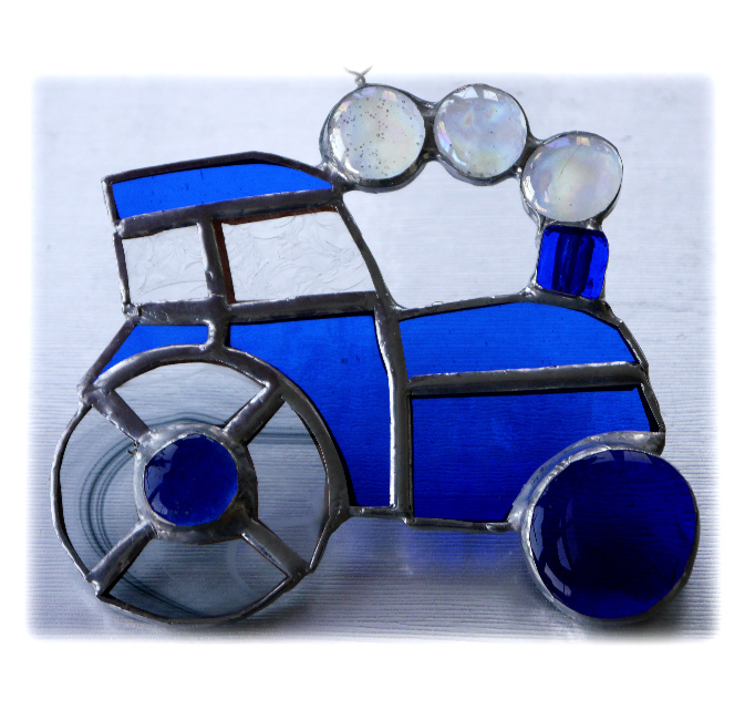 Tractor Suncatcher Stained Glass Blue Handmade 037 - Folksy