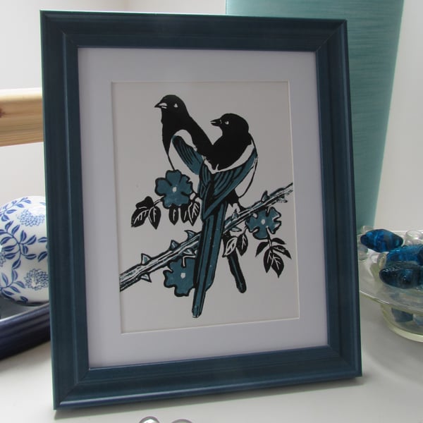 Handmade Linocut Print Magpies 'Two For Joy' Teal - Folksy