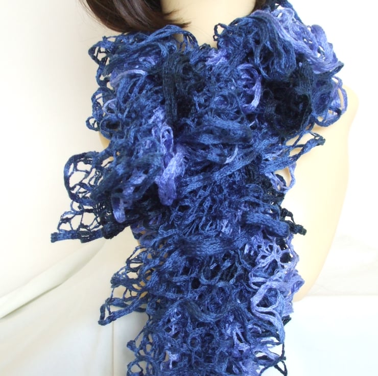 Hand knitted frilly scarf in blue - Folksy