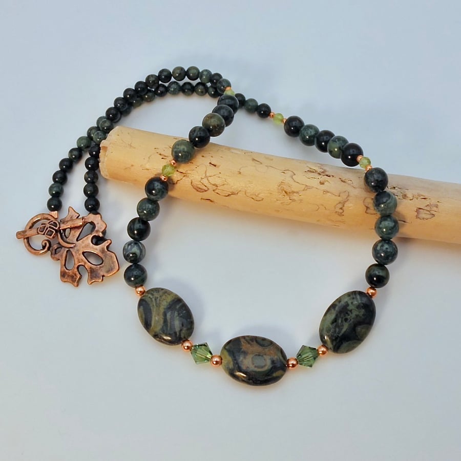 Kambaba Jasper Necklace With Peridot, Crystal &... - Folksy
