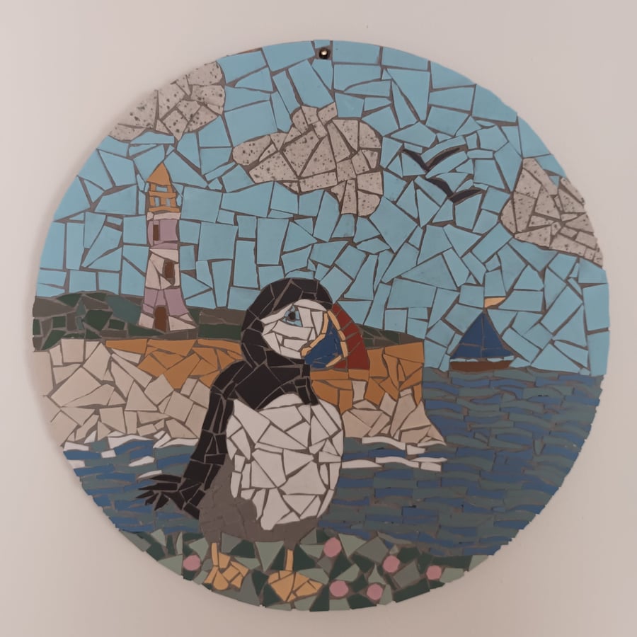 Puffin and lighthouse seaside cliff mosaic scen... - Folksy