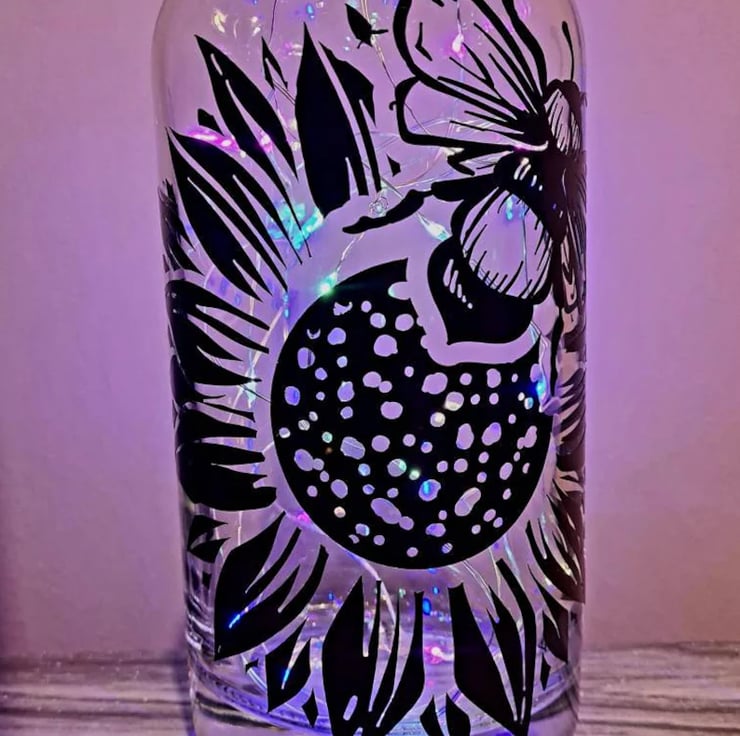 Light up bee and sunflower bottle lamp, LED gif... - Folksy