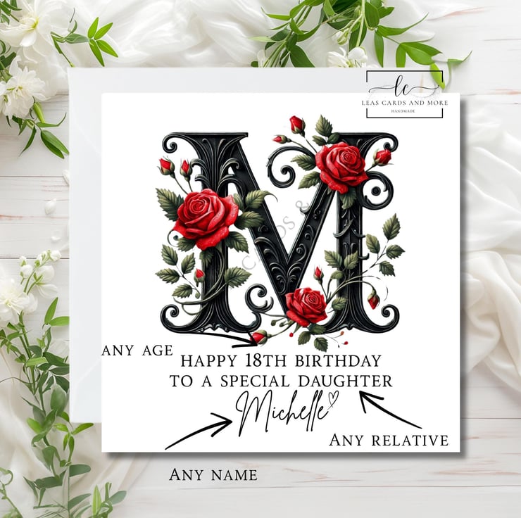 Handmade Gothic Rose Initial Alphabet Birthday ... - Folksy