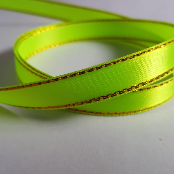 3m Satin Ribbon - Gold-Edged - 10mm - Lime Green - Folksy