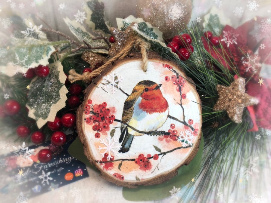 Christmas Robin rustic log slice Christmas tree... - Folksy