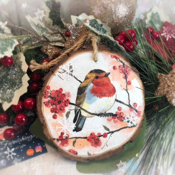 Christmas Robin rustic log slice Christmas tree... - Folksy