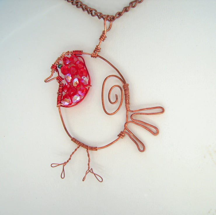 Red Robin Copper & Crystal Pendant Necklace - Folksy
