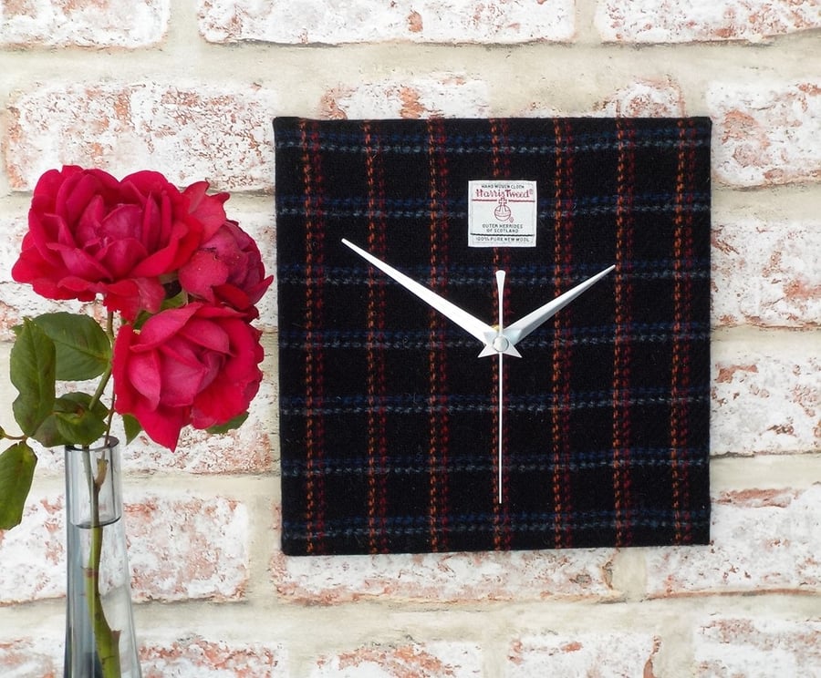 Harris Tweed square clock black fabric wall clo... - Folksy