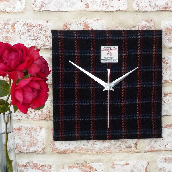 Harris Tweed square clock black fabric wall clo... - Folksy