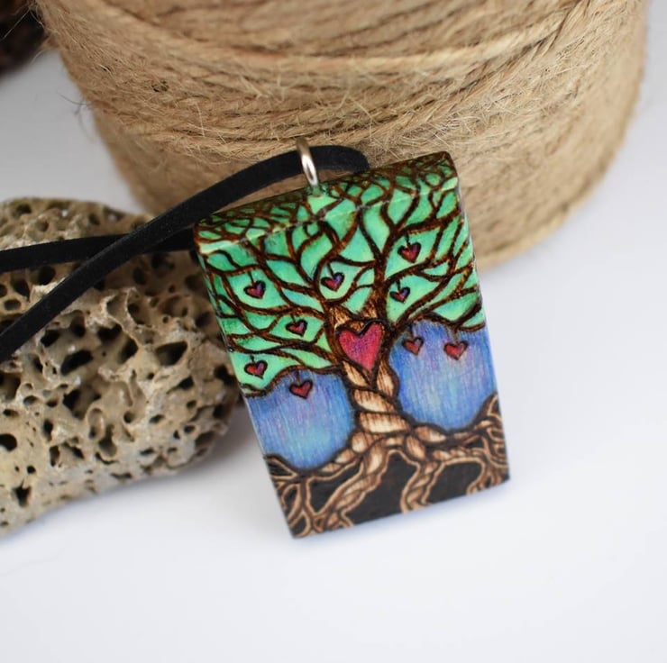 The love tree, chunky wooden pyrography pendant... - Folksy