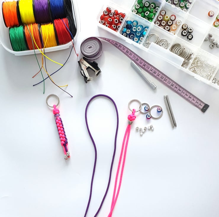 Neon pink and purple keyring with beads - Folksy