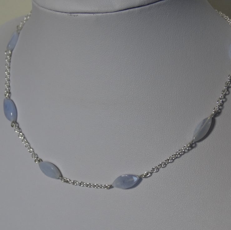 Blue lace agate bead and chain necklace throat ... - Folksy