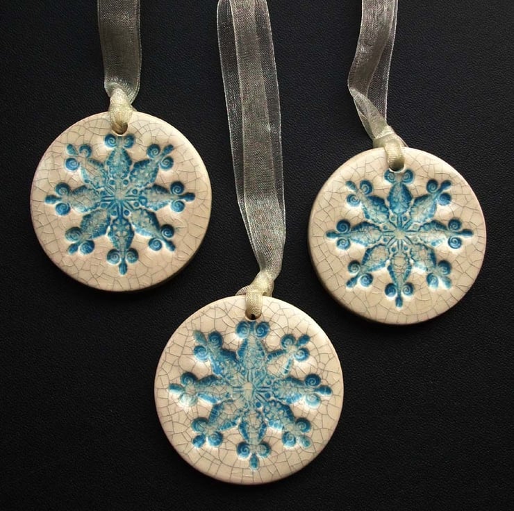 blue crackle ceramic snowflake decorations - Folksy