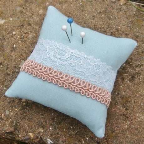Pin Cushion vintage lace and blue cotton with b... - Folksy