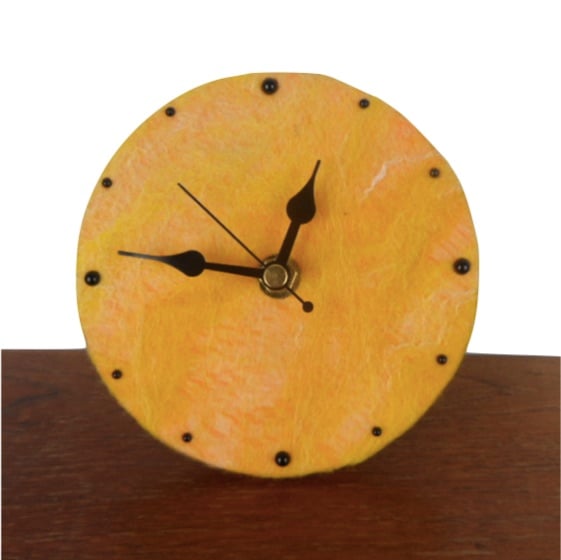 Desk clock, nuno felted in yellow and orange, 1... - Folksy