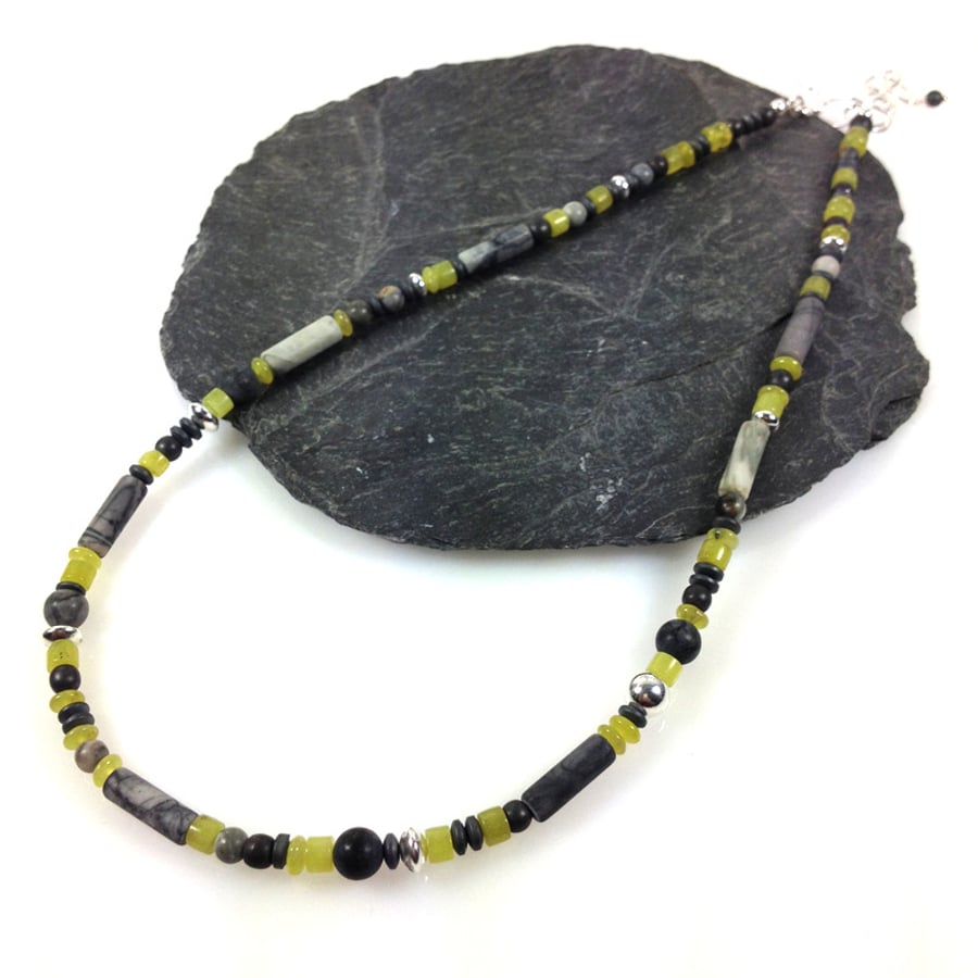Jasper, jade, hematite and silver necklace - Folksy