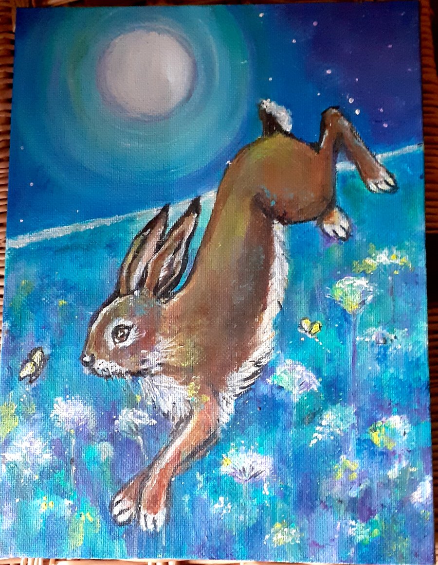 Rabbit in moonlight acrylic painting - Folksy