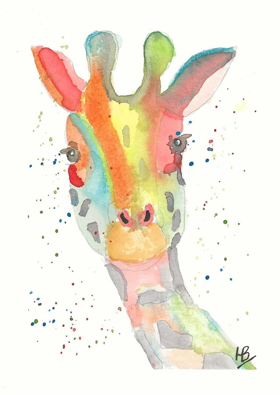 Original Watercolour Colourful Giraffe Card - Folksy