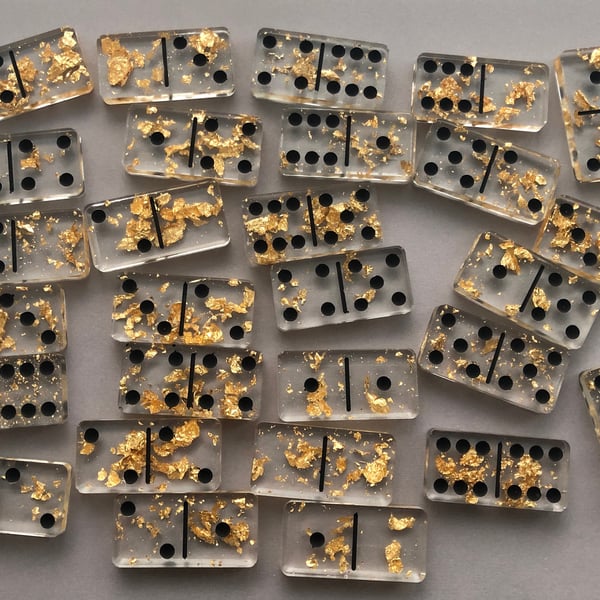 Domino set 28 dominoes gold leaf clear resin do... - Folksy