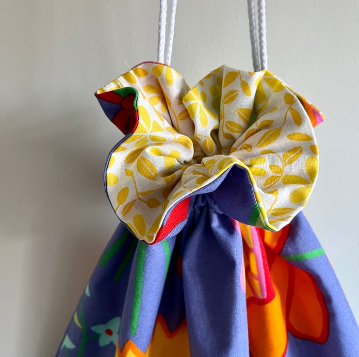 Bright purple floral cotton drawstring bag with... - Folksy