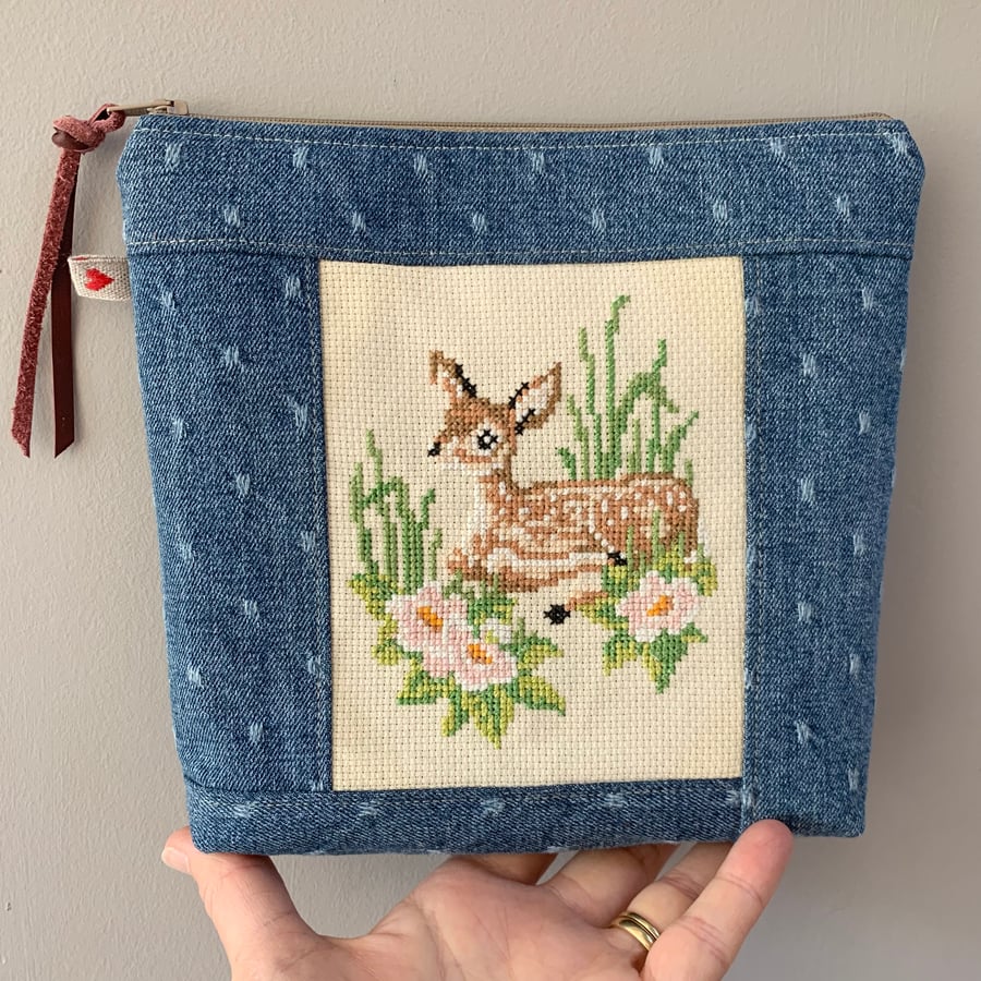 Deer Pouch Repurposed Cross Stitch and Denim - Folksy