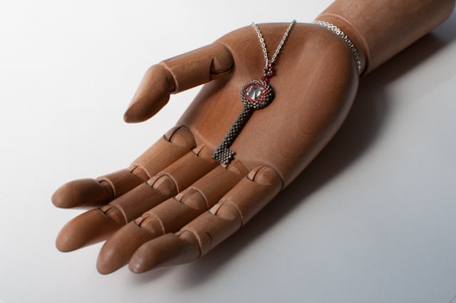 Pewter and red key shaped beadwoven pendant - Folksy