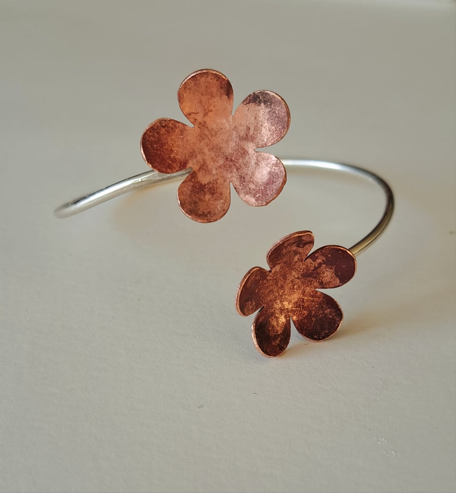 Solid Silver Flower Bangle - Folksy