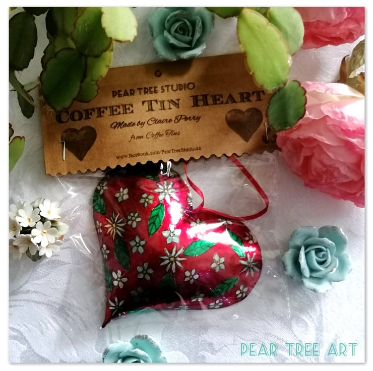 Red Embossed Metal Heart decoration with flower... - Folksy