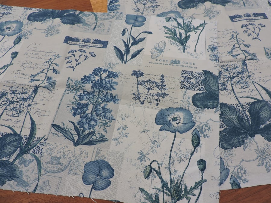 Linen Fabric Remnants Blue and White Floral - Folksy