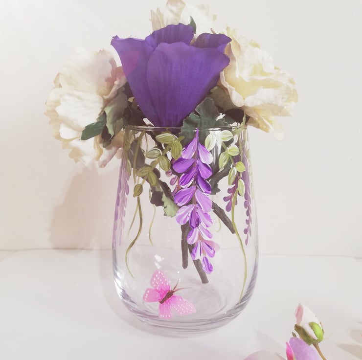 Hand Painted, Wisteria, Stemless Glass, Floral ... - Folksy