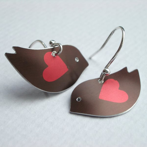 Love bird earrings in brown with heart wings - Folksy
