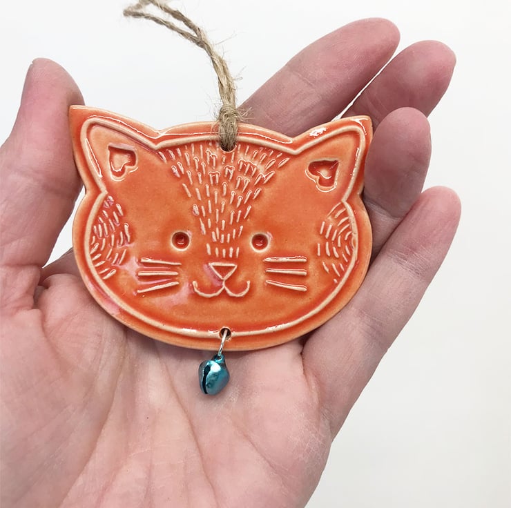 Ceramic Cat decoration with little bell (ginger) - Folksy