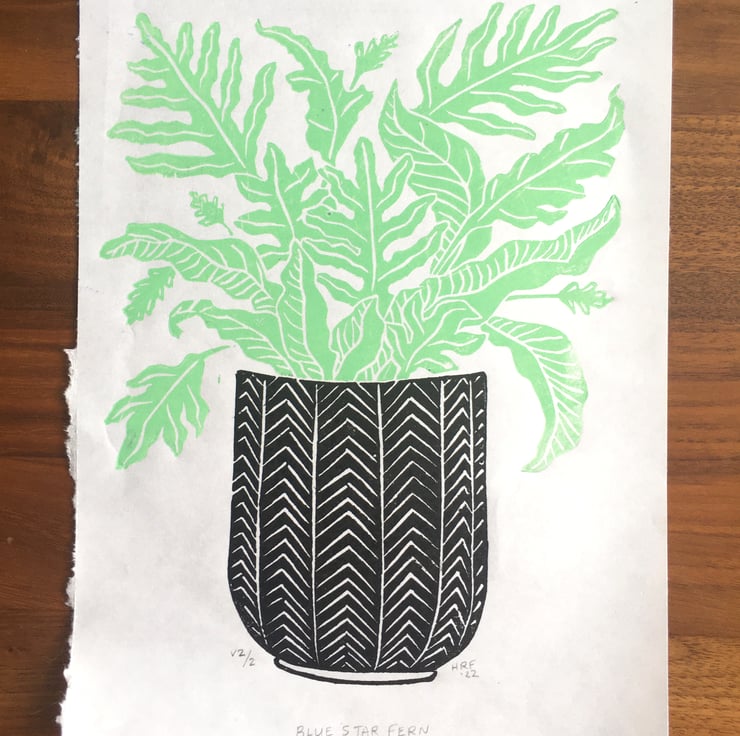 Fern lino print - blue star fern linocut art, m... - Folksy