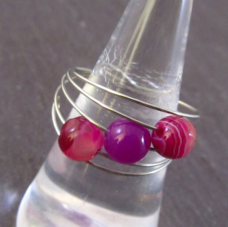 Pink Agate Silver Memory Wire Ring, Pink Ring - Folksy