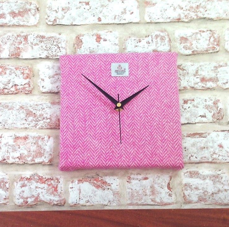 Harris Tweed clock pink and cream herringbone w... - Folksy
