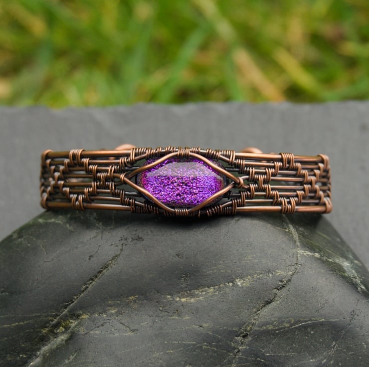 Copper Wire Wrapped Cuff with Purple Dichroic G... - Folksy
