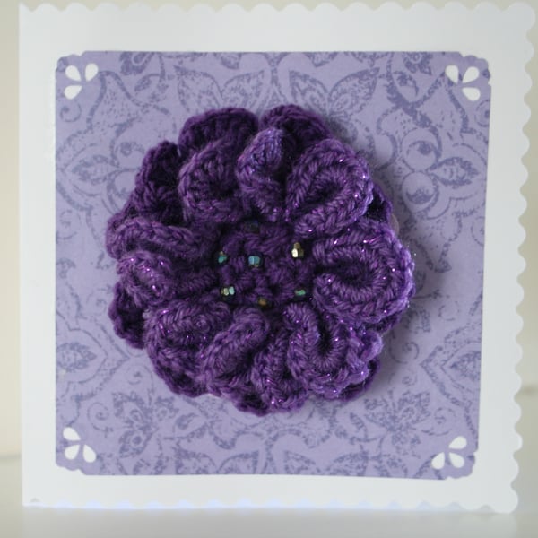 Greetings Card with Crocheted Flower Brooch - Folksy