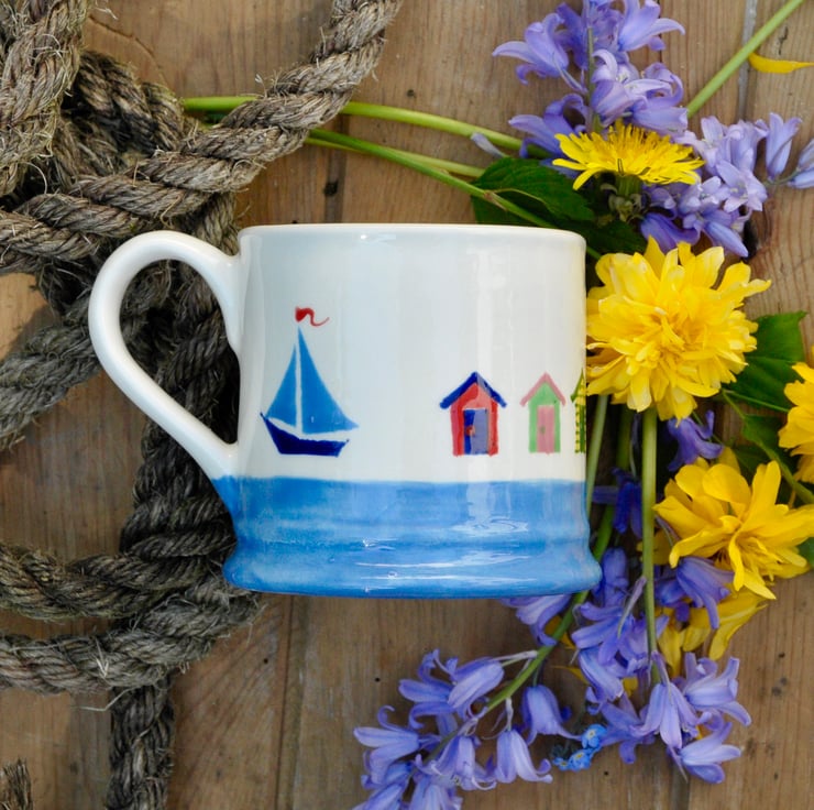 Beach Hut Country Mug - Hand Painted - Folksy