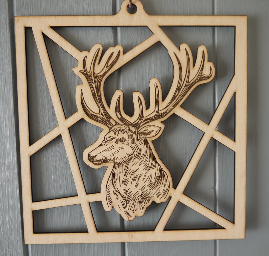 wooden Laser Cut Highland stag Image Hanging De... - Folksy