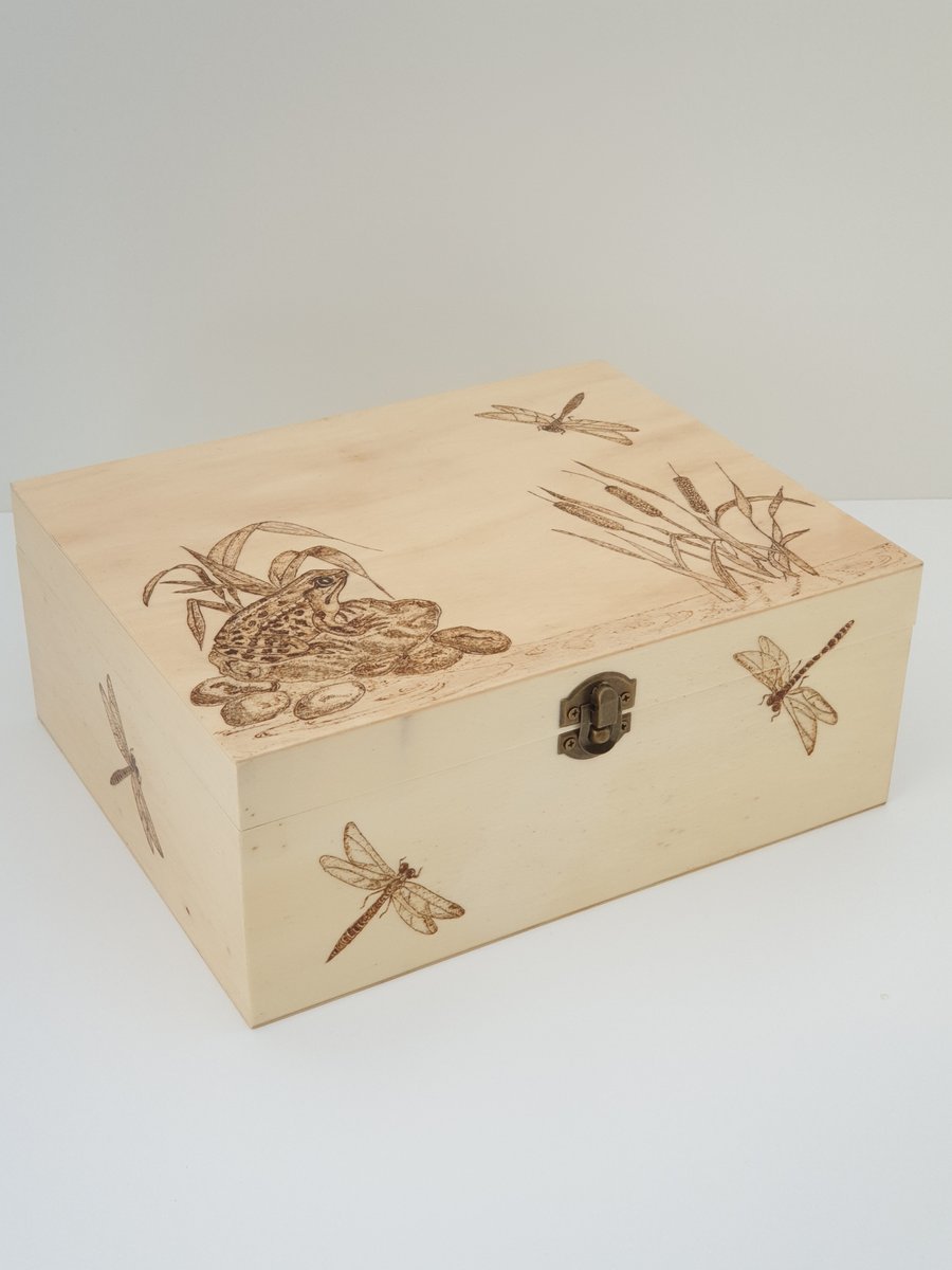 Frog and dragonflies pyrography wooden memory k... - Folksy