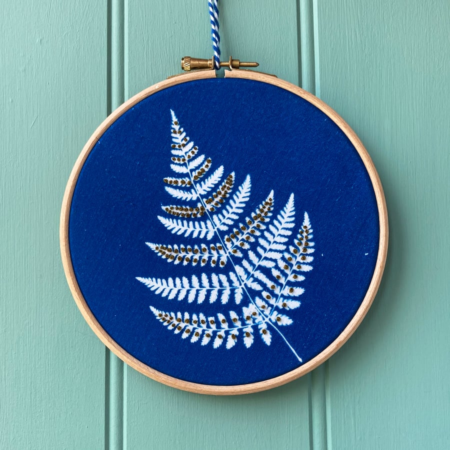 Fern Cyanotype Embroidery hoop with French Knot... - Folksy