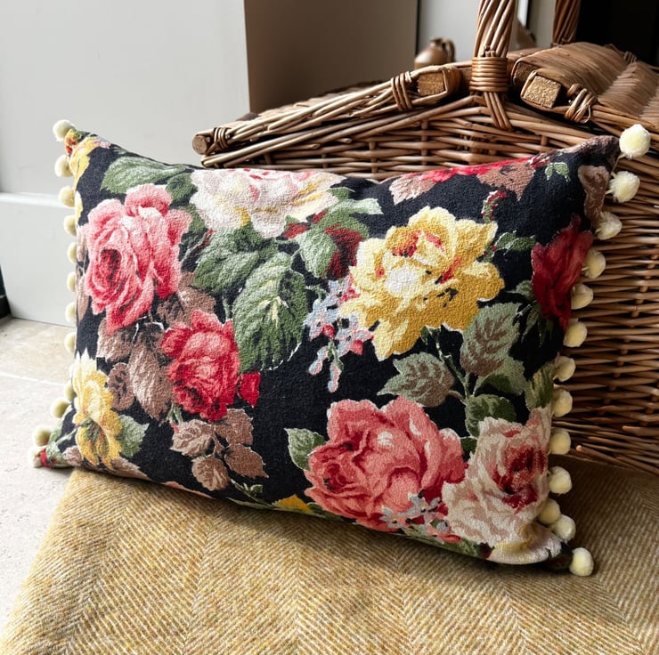 Vintage Rose Barkcloth rectangular cushion cove... - Folksy