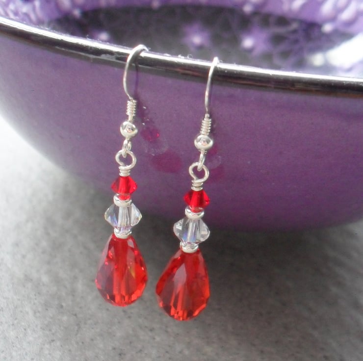 Red and Clear Crystal Sterling Silver Dangle Dr... - Folksy