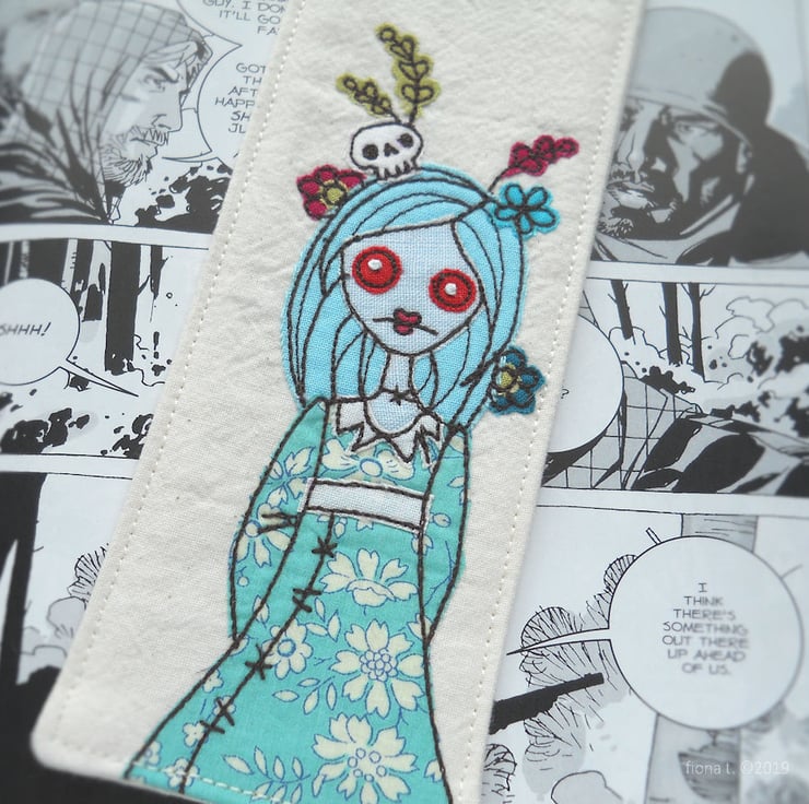 free motion embroidered zombie fabric bookmark ... - Folksy