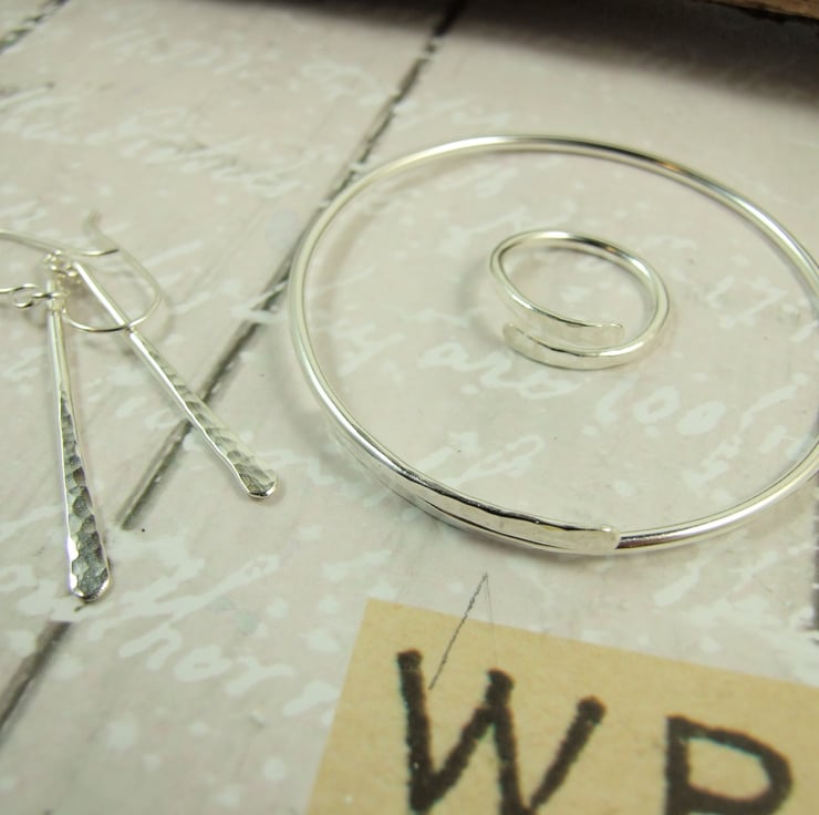 Silver Simple Hammered Jewellery Set. Bangle, E... - Folksy