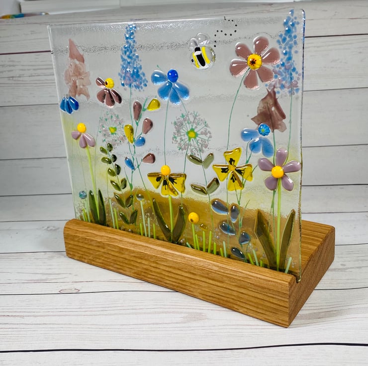 fused glass meadow art panel in oak base - Folksy