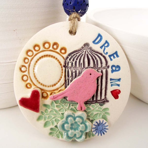 Ceramic decoration with bird and flowers - Folksy