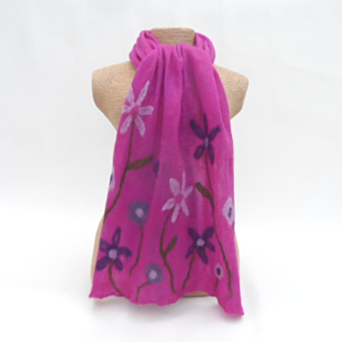 Fuchsia pink nuno felted scarf with floral detail - Folksy